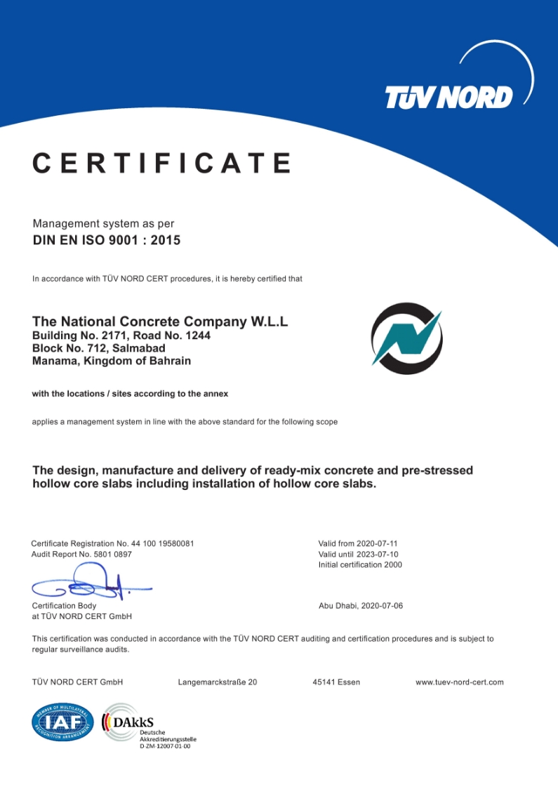 ISO Certified | National Concrete Company Bahrain